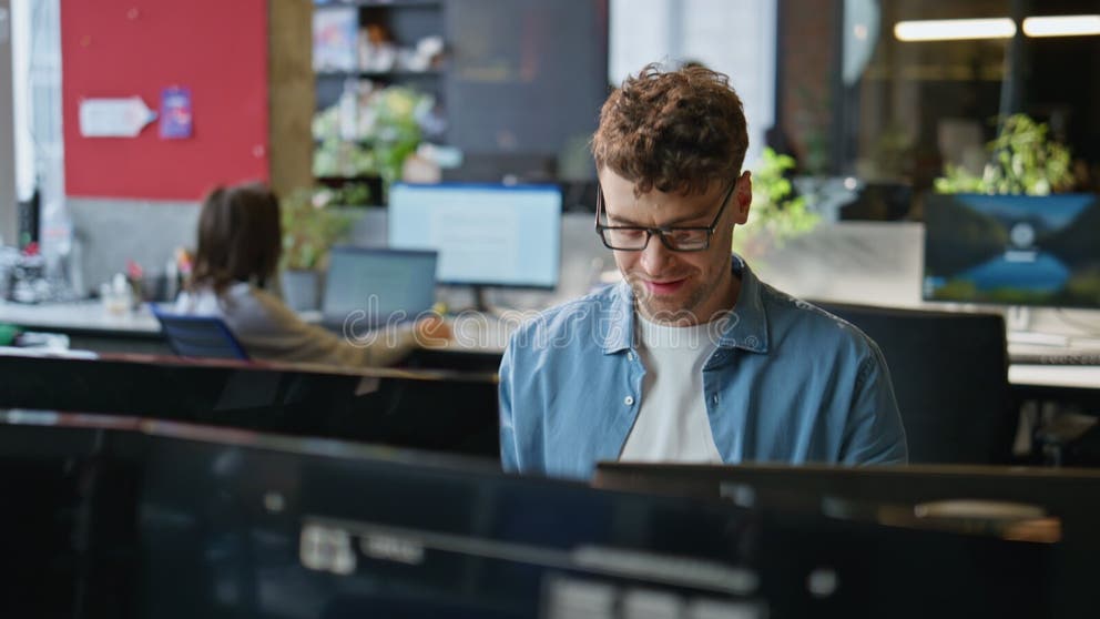 Smiling Programmer Typing Keyboard Working Computer at Office Workplace Closeup Stock Photo ...