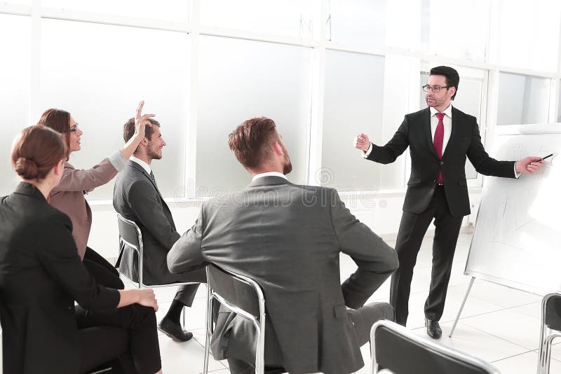 Smiling Public Speaker Asking Questions To Audience Seminar Stock ...
