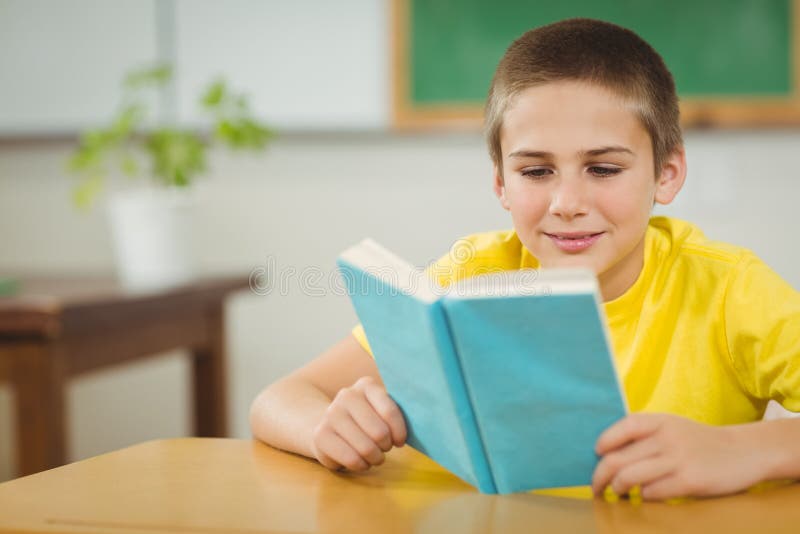 Smiling Pupil Reading Book in a Classroom Stock Photo - Image of ...