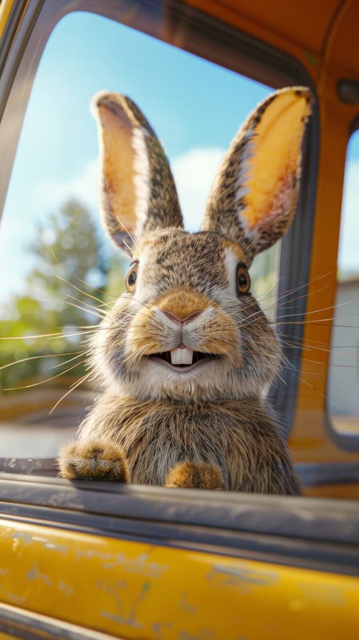 Smiling Rabbit Behind the Wheel on a Sunny Day Generative AI Stock ...