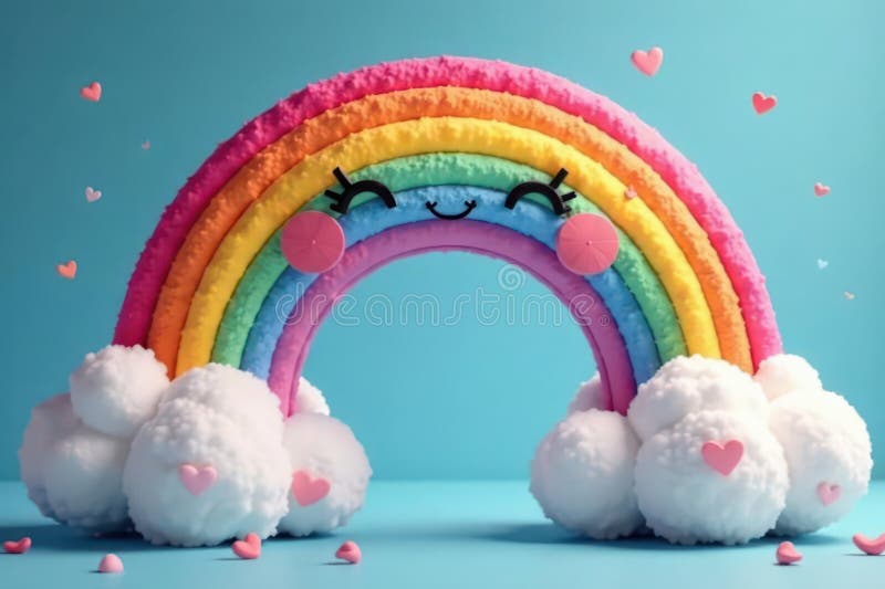 Smiling Rainbow with Chubby Cloud Friends, Tiny Hearts , Bright ...
