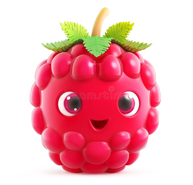 Smiling Raspberry Character with Expressive Eyes and Green Leaves on ...