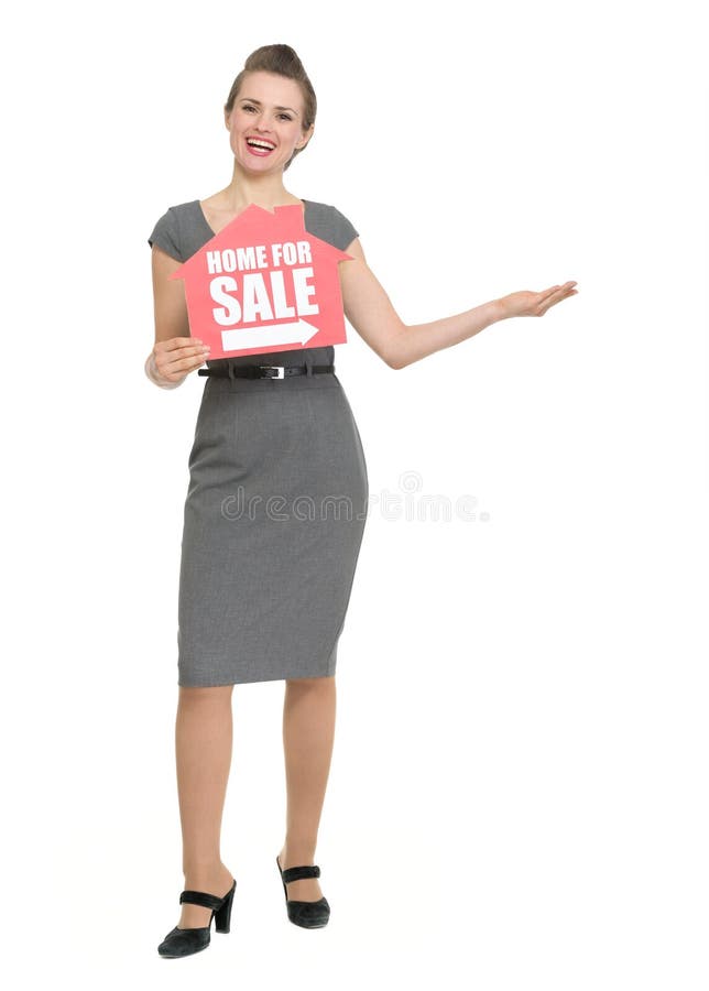 Smiling Realtor with Home for Sale Sign Stock Photo - Image of ...
