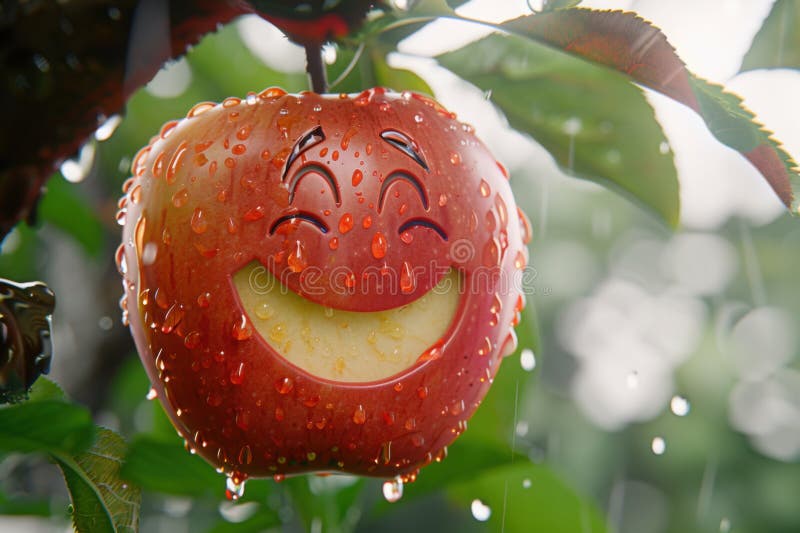 Smiling Red Apple on a Tree. Rain in the Background Stock Illustration ...