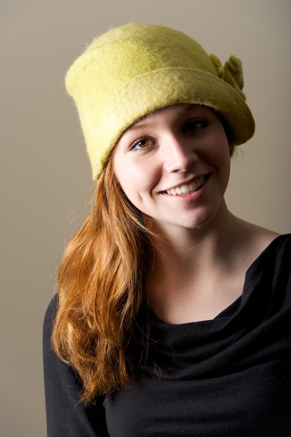 Smiling Redhead with Dimples in Green Hat Stock Image - Image of girl ...