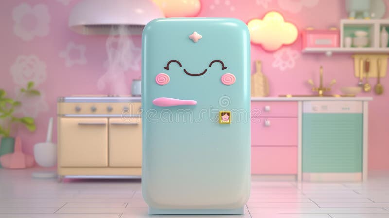 Smiling Retro Fridge in a Pastel Kitchen Stock Illustration ...