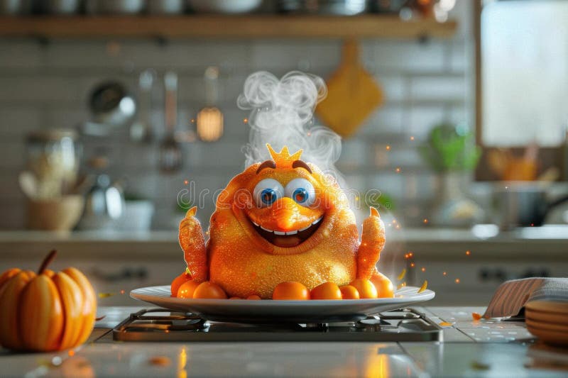 Smiling Roasted Chicken with Crown on Plate Stock Illustration ...