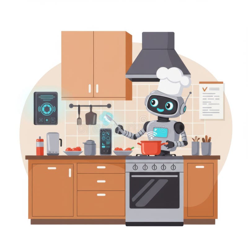 Smiling Robot Chef Cooking in a Modern Kitchen Stock Illustration ...