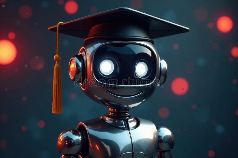 Smiling Robot in Graduation Cap, Polished Chrome, Large Eyes, Metallic ...