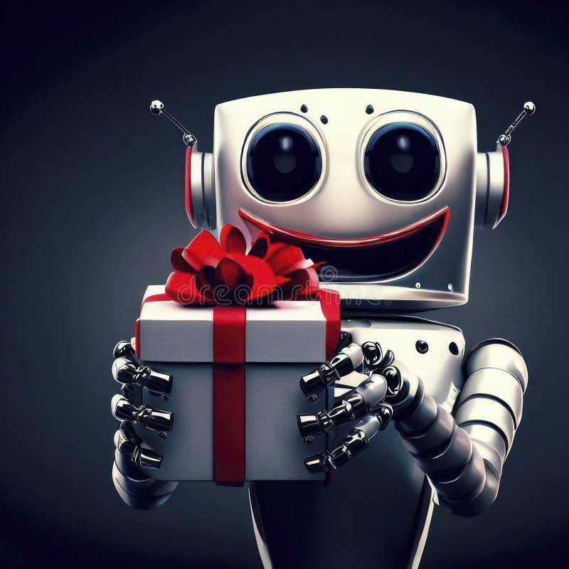Smiling Robot Holding a Present Box with Red Ribbon on a Dark ...