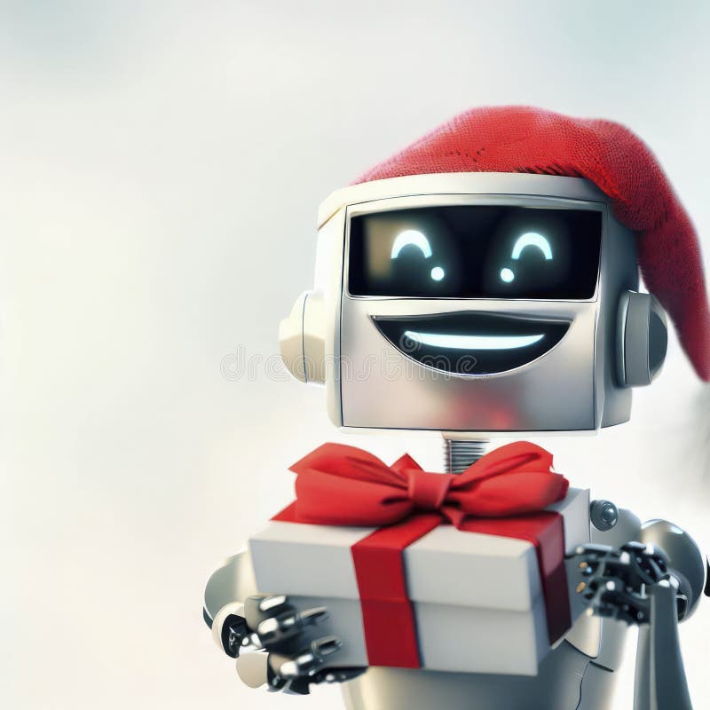 Smiling Robot Holding a Present Box with Red Ribbon on a Light and Airy ...