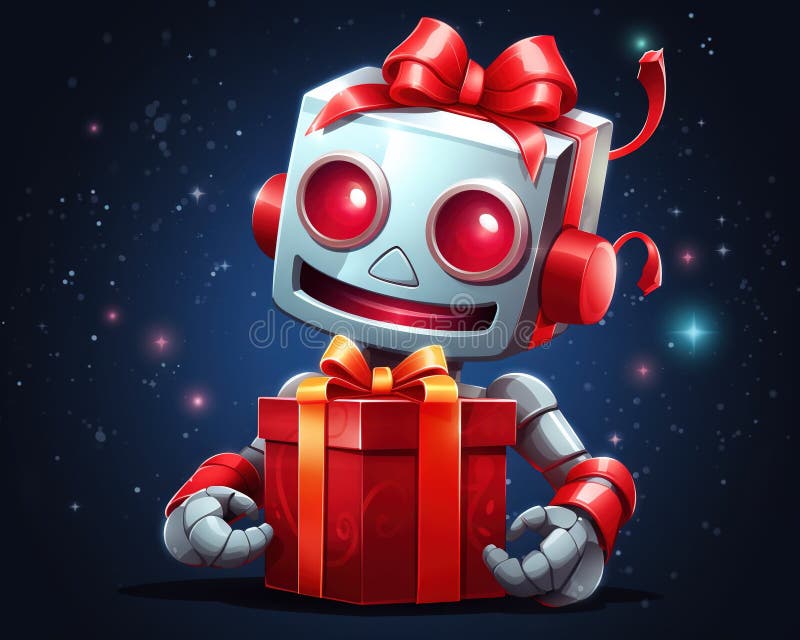 Smiling Robot Holding a Present Box with a Red Ribbon Over a Dark ...