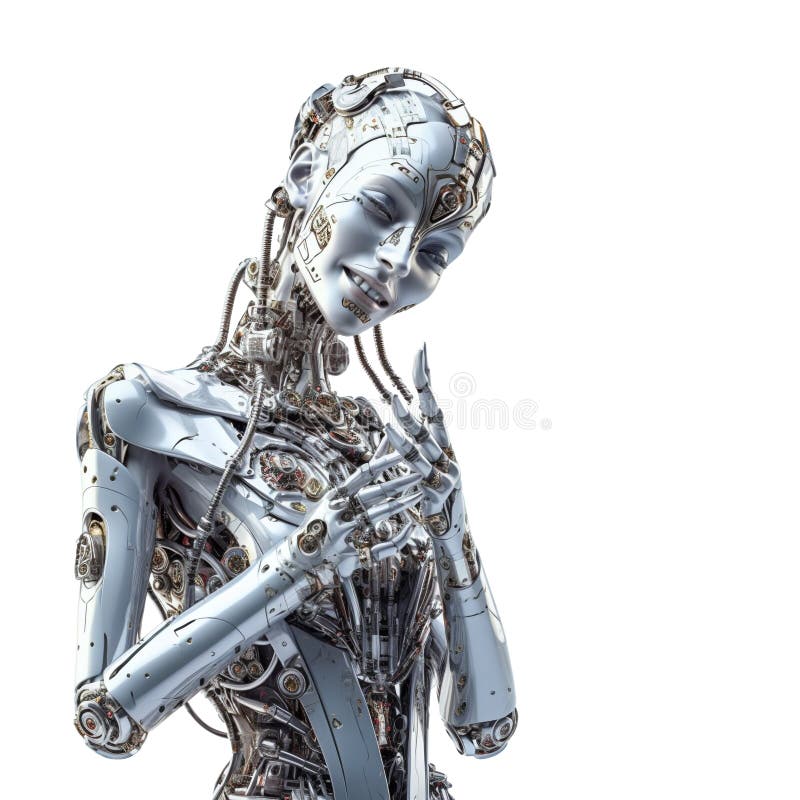 Smiling Robot Showing Teeth Gesturing Hands Bright Facial Expression on ...