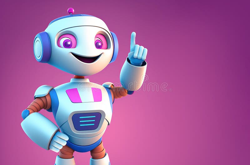 Smiling Robot Standing with Raised Finger Over Red Background with Copy ...