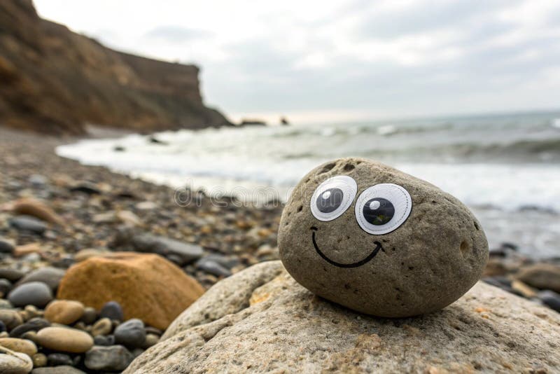 Smiling Rock with Googly Eyes on Rocky Seashore Stock Illustration ...