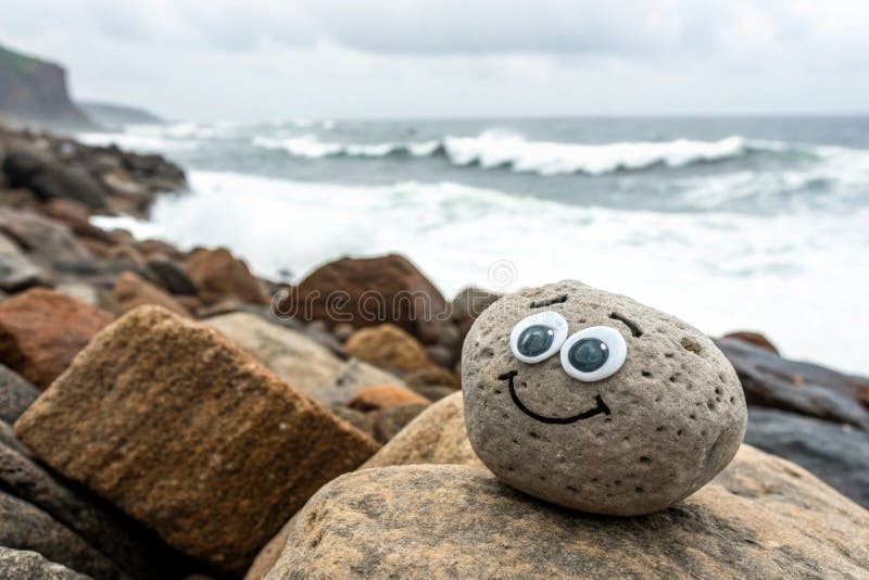 Smiling Rock with Googly Eyes on Rocky Seashore Stock Illustration ...