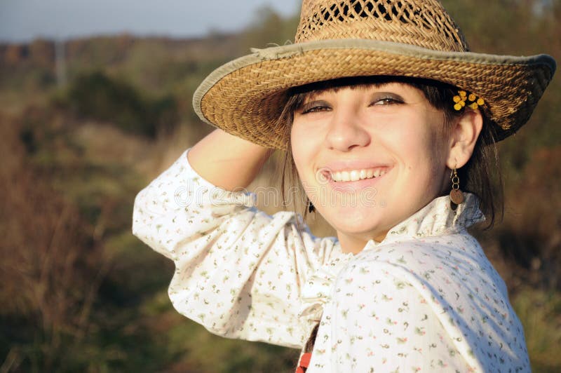 Smiling Rural Girl with Straw Hat Stock Image - Image of nature ...