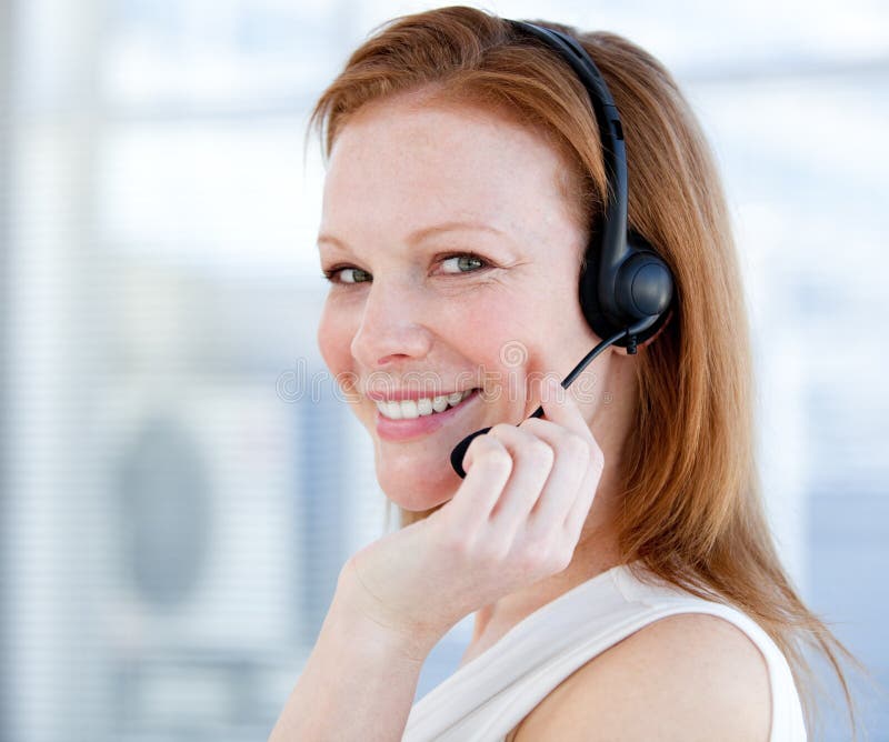 Smiling Sales Representative Woman with Earpiece Stock Image - Image of ...