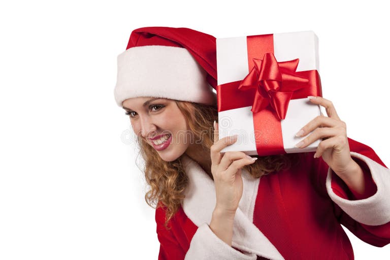 Smiling Santa Emerge from Behind a Gift Box Stock Image - Image of ...