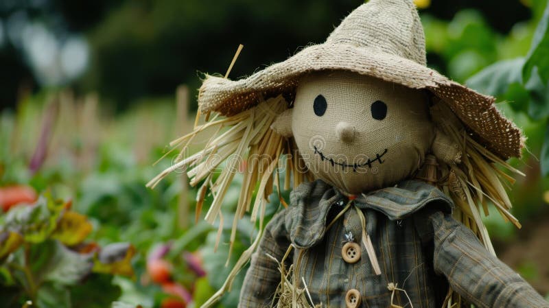 Smiling Scarecrow Guarding Lush Garden in Summer Stock Photo - Image of ...