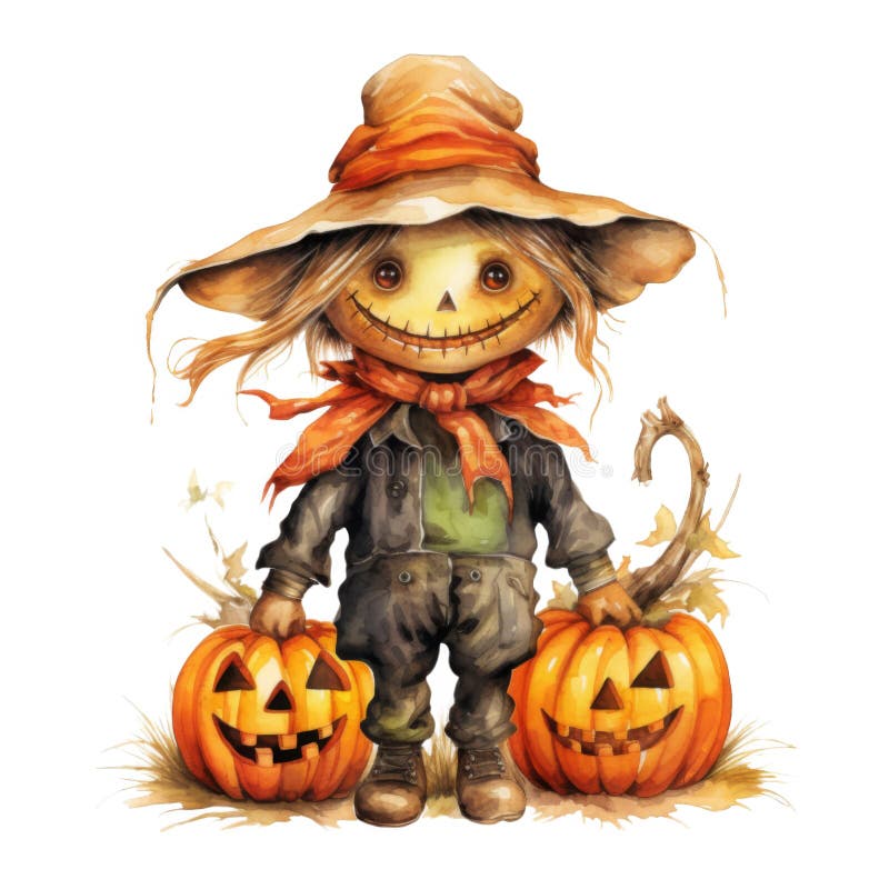 A Smiling Scarecrow Holding Two Jack-O -Lanterns Stock Photo ...