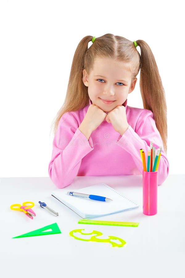 Smiling School Girl Sitting at Table Stock Image - Image of drawing ...