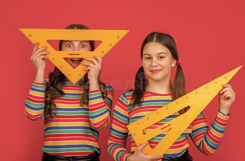 Smiling School Girls Hold Math Tool of Triangle Stock Image - Image of ...