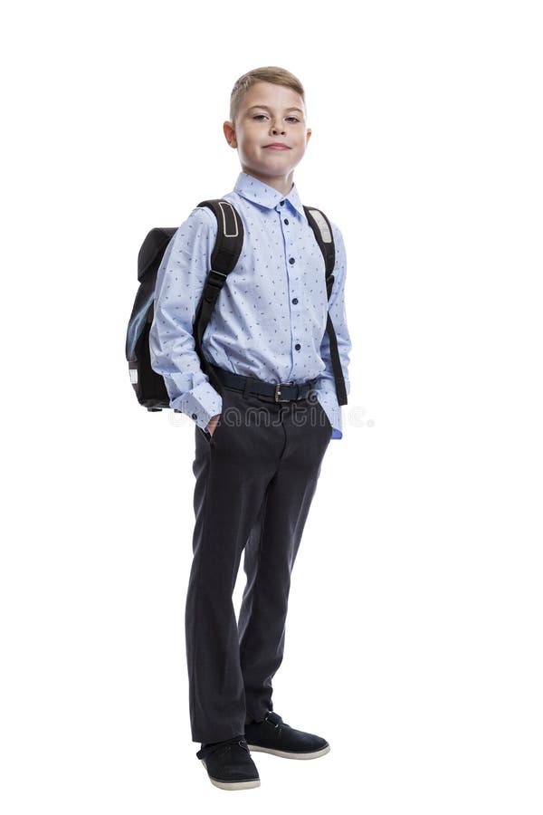 Smiling Schoolboy with a Backpack. Guy in Trousers and a Blue Shirt ...