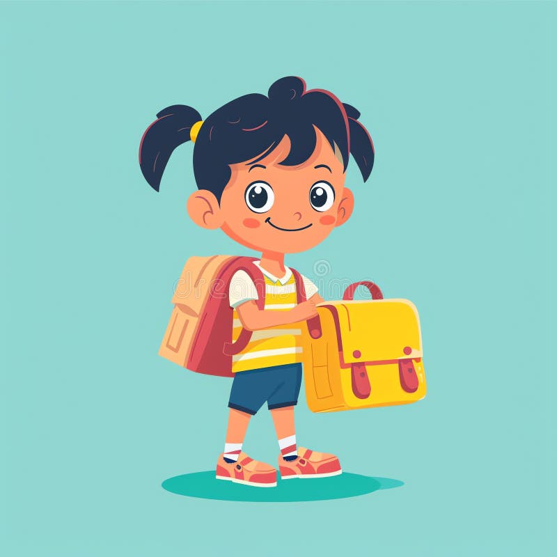 Smiling Schoolgirl Carrying Two Backpacks on a Turquoise Background ...