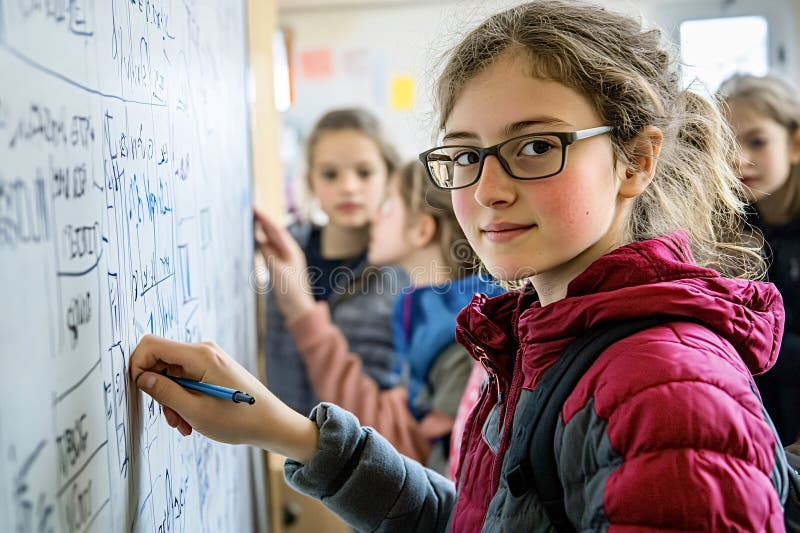 Smiling Schoolgirl Solving Math Problem on Whiteboard in Classroom ...