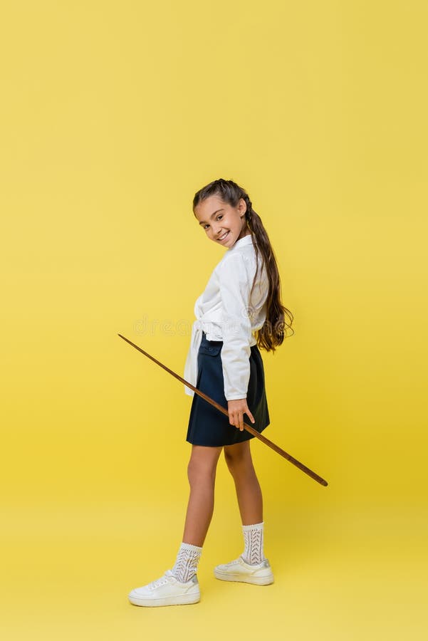 Smiling Schoolkid Holding Pointer and Looking Stock Image - Image of ...