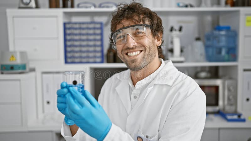 Smiling Scientist with Beard and Glasses Holding Test Tube in ...