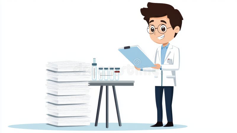 Smiling Scientist Reading Laboratory Notes Stock Illustration ...
