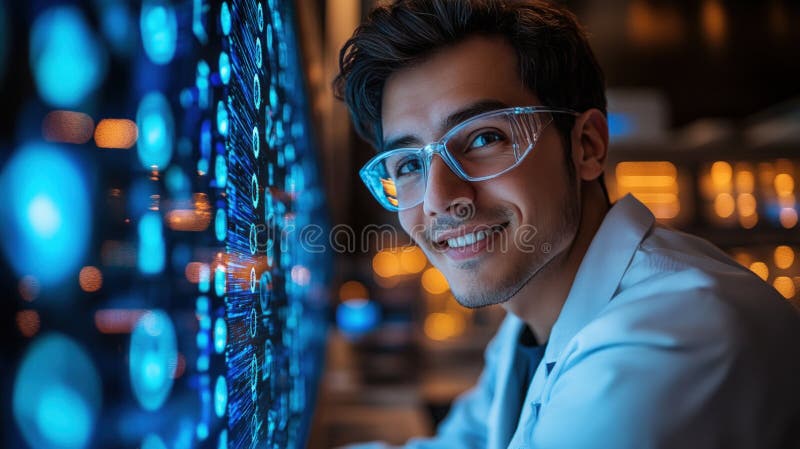 Smiling Scientist Studying Data on Interactive Display Stock ...