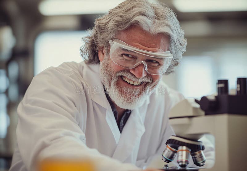 Smiling Scientist Using Microscope in Lab High Quality Image Stock ...