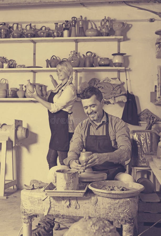 Smiling Sculptor Making Pot Using Pottery Wheel Stock Image - Image of ...
