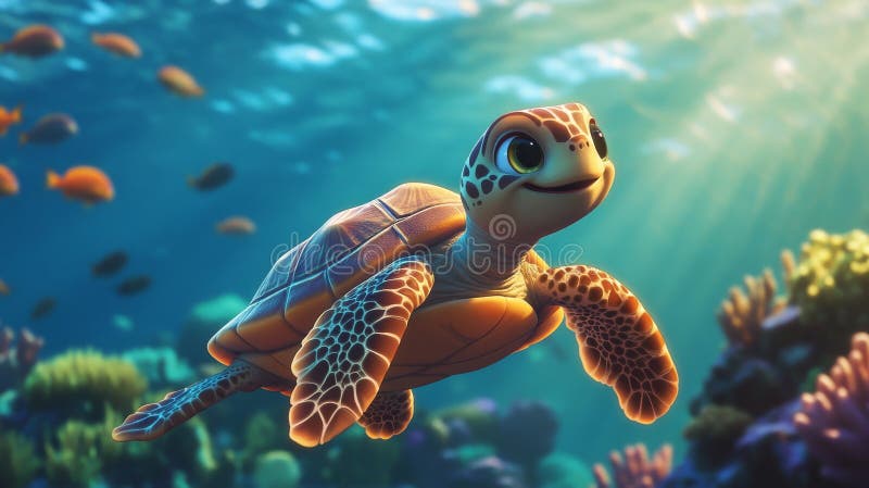 Smiling Sea Turtle Swimming in Vibrant Coral Reef Stock Image - Image ...