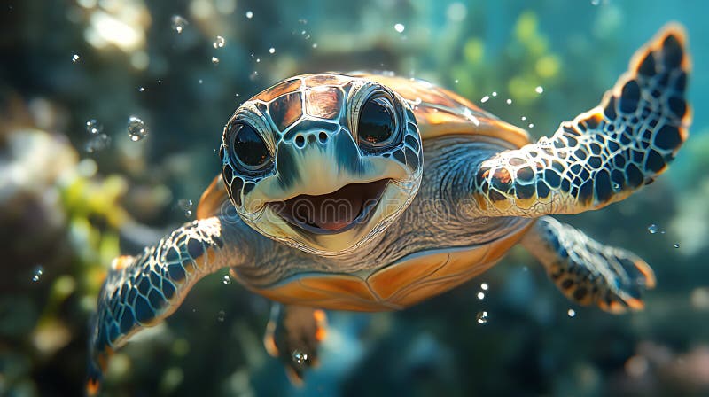 A Smiling Sea Turtle Swims through Clear Blue Water, Surrounded by ...