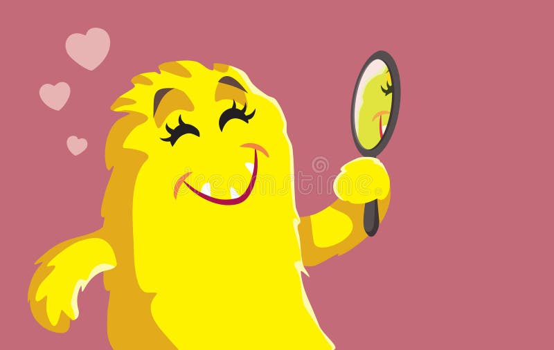 Self-Loving Monster Looking in the Mirror Vector Cartoon Illustration ...