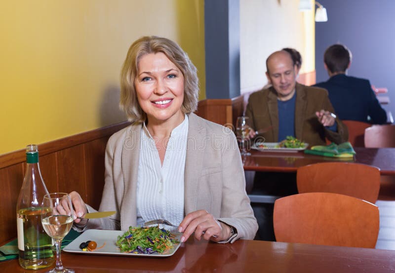 Smiling Senior Customer with Food and Wine Stock Image - Image of ...