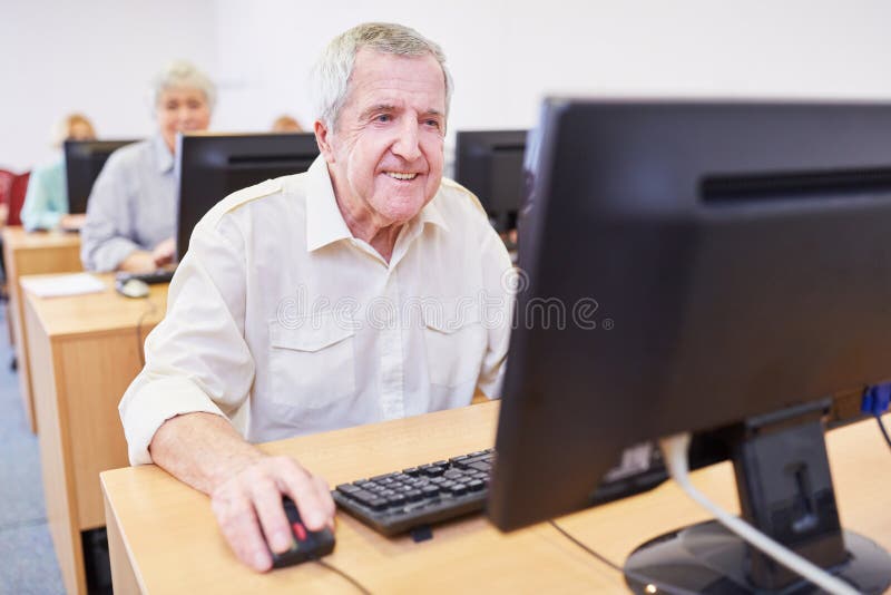 Smiling Senior Man on PC in Computer Course Stock Photo - Image of ...