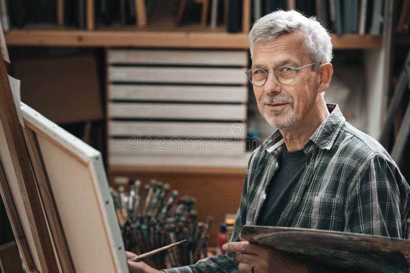 Senior Artist Painting on Canvas in His Studio Stock Image - Image of ...