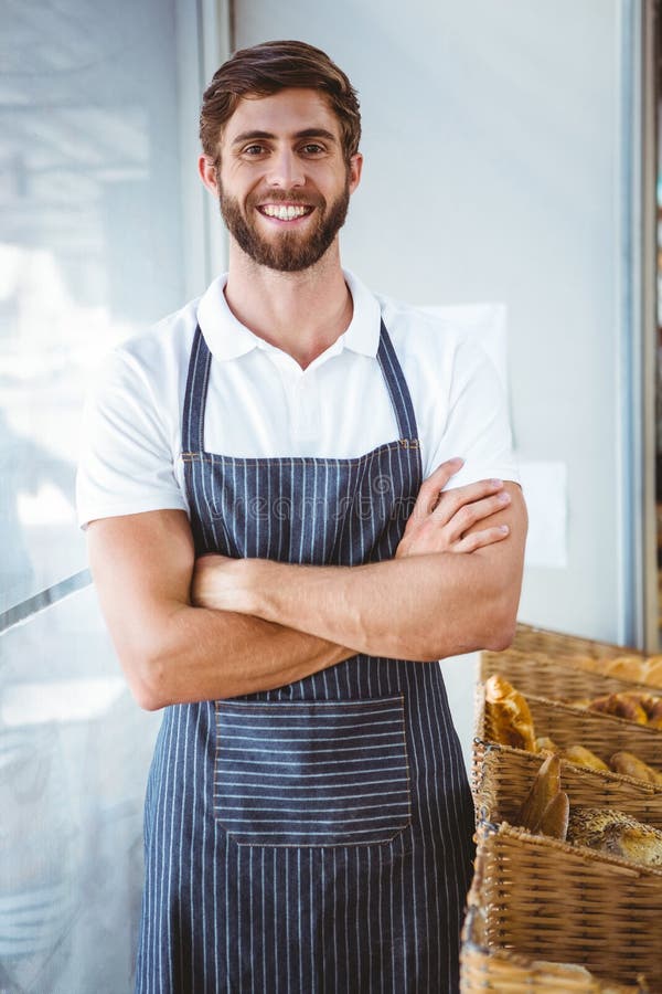 Smiling Server in Apron Arm Crossed Stock Photo - Image of cheerful ...