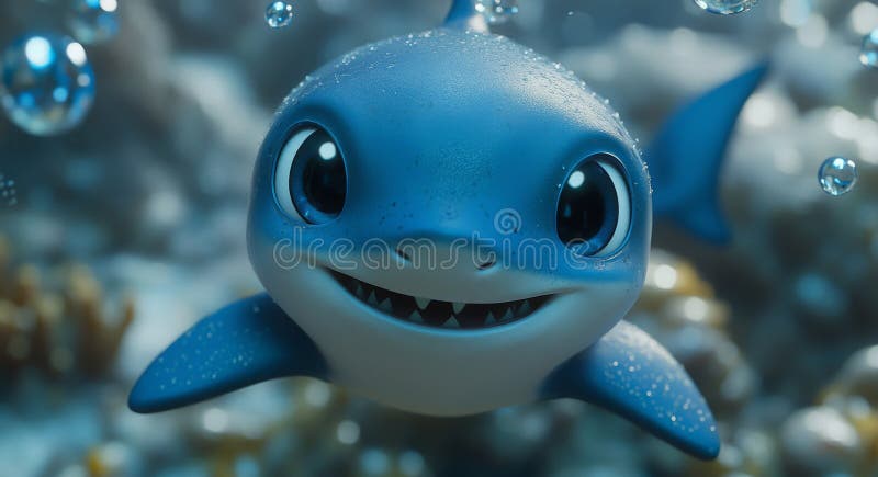 A Smiling Shark Cartoon Character Swims in the Ocean Surrounded by ...
