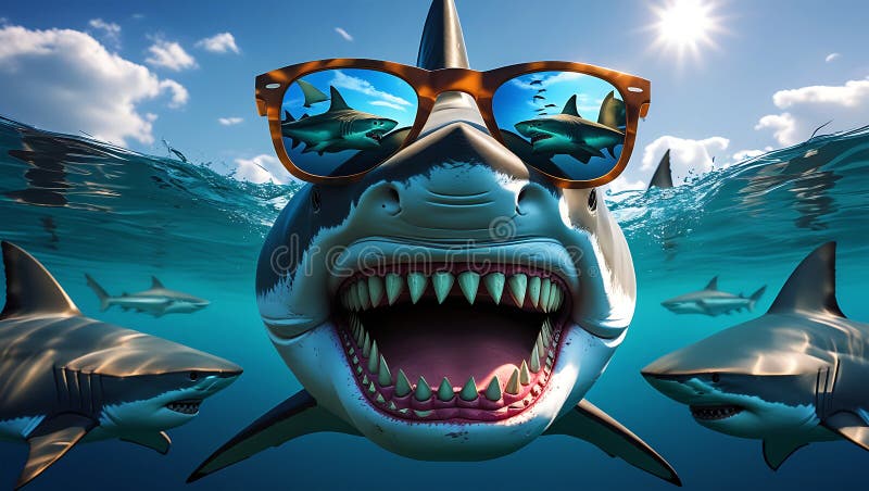 Smiling Shark in Sunglasses Underwater, a Fun and Playful Image Stock Illustration ...