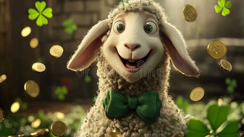Smiling Sheep Wearing a Green Bow Tie, Coins Falling, Shamrock Stock ...