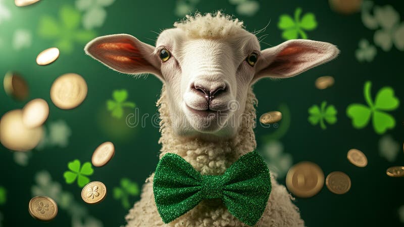 Smiling Sheep Wearing a Green Bow Tie, Coins Falling, Shamrock Stock ...
