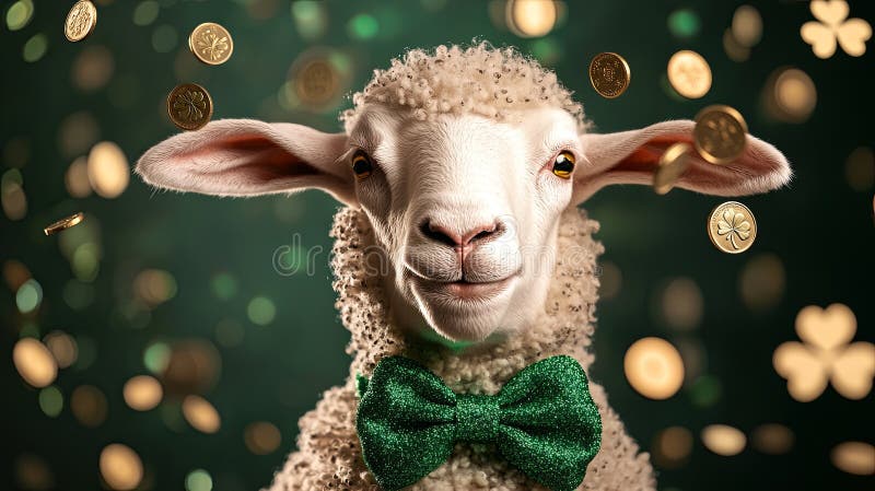 Smiling Sheep Wearing a Green Bow Tie, Coins Falling, Shamrock Stock ...