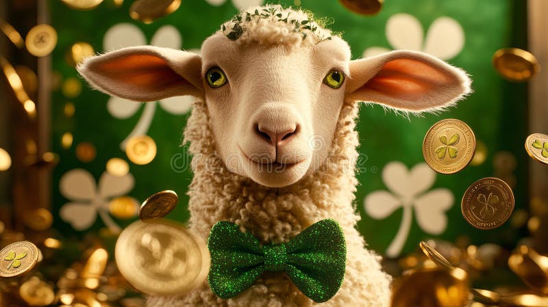 Smiling Sheep Wearing a Green Bow Tie, Coins Falling, Shamrock Stock ...