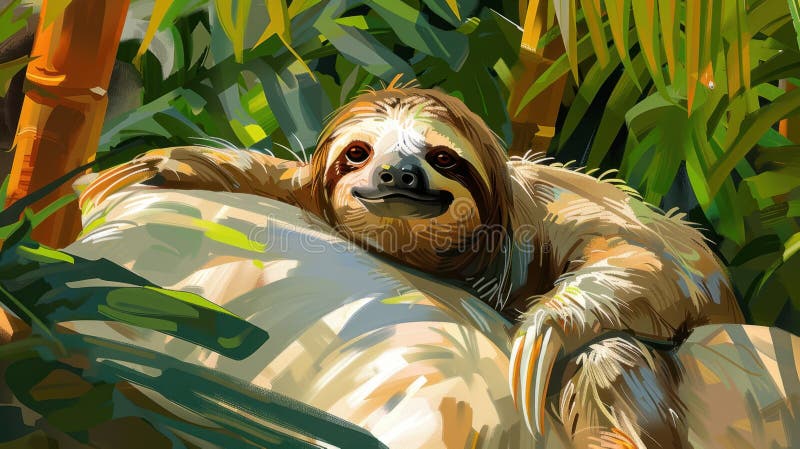 Smiling Sloth Clinging To Tree Branch in Lush Jungle Stock Photo ...